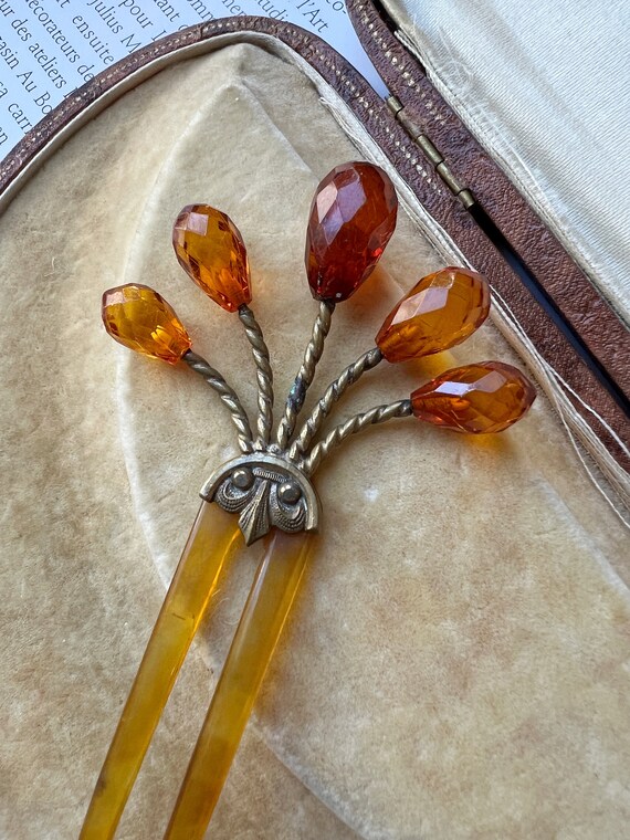 Antique floral yellow briolette beads hair comb pin, … - Gem