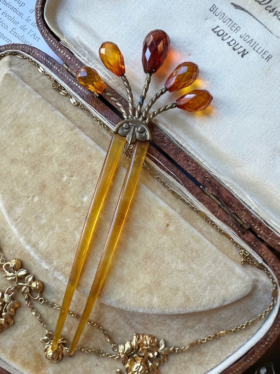 Antique floral yellow briolette beads hair comb pin, … - Gem