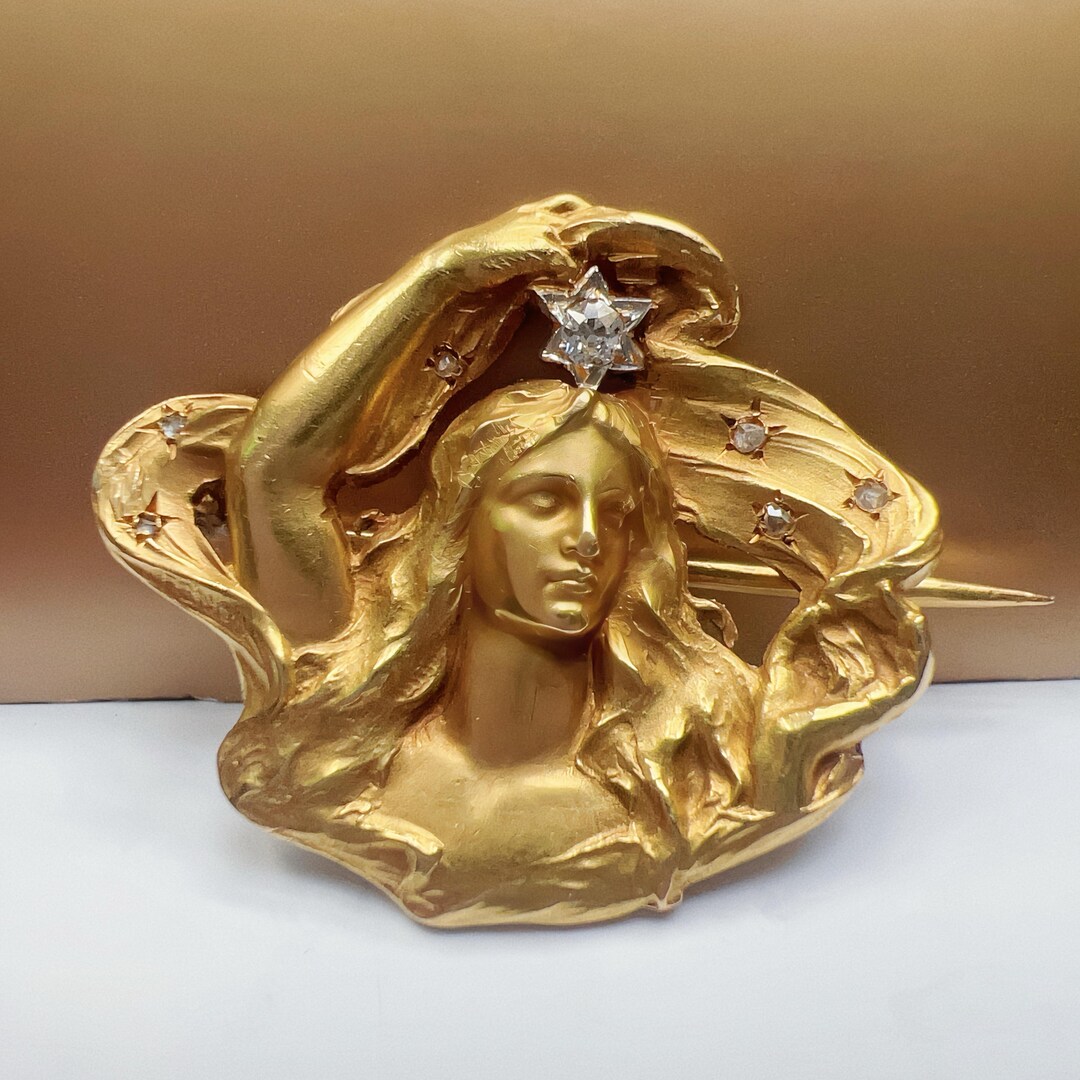 Art Nouveau Vernon Signed 18K Gold Diamond “goddess of the Night” Brooch, Celestial Brooch ...