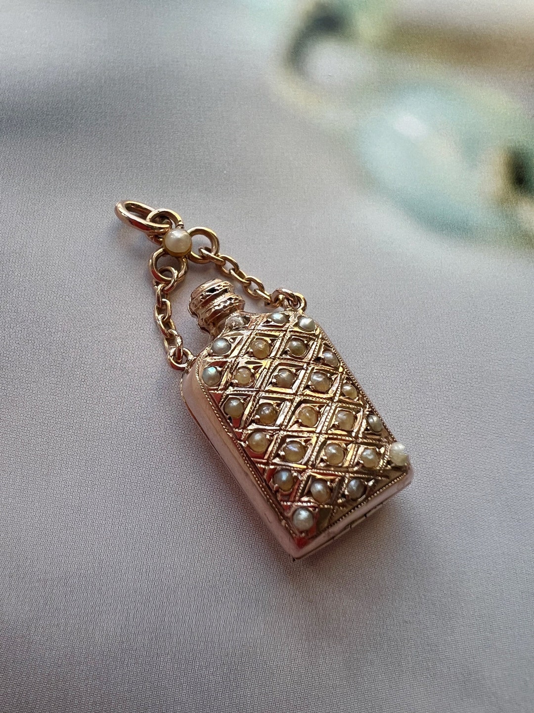 Victorian Era 18K Gold Pearl Little Bottle Locket Pendant, Photo Locket ...