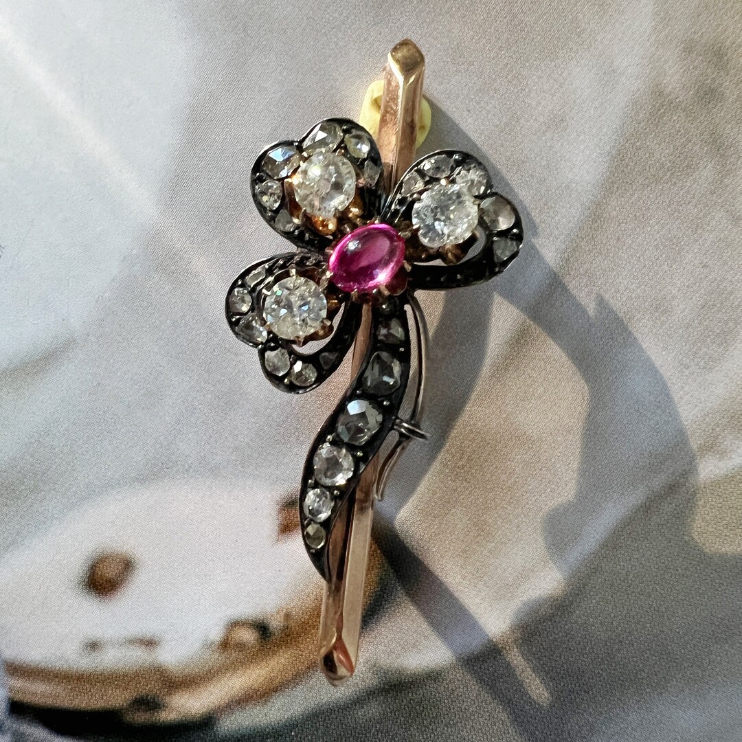 Victorian Era 14k Gold Diamond Ruby Shamrock Brooch, Good Luck Clover Brooch Gift Birthday ...