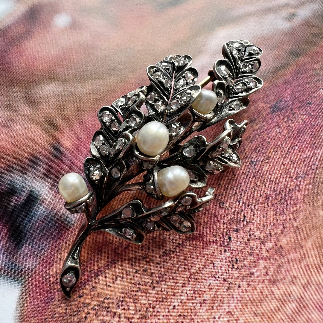 Antique 18k Gold Natural Pearl Diamond Acorn Brooch, Birthday Brooch ...