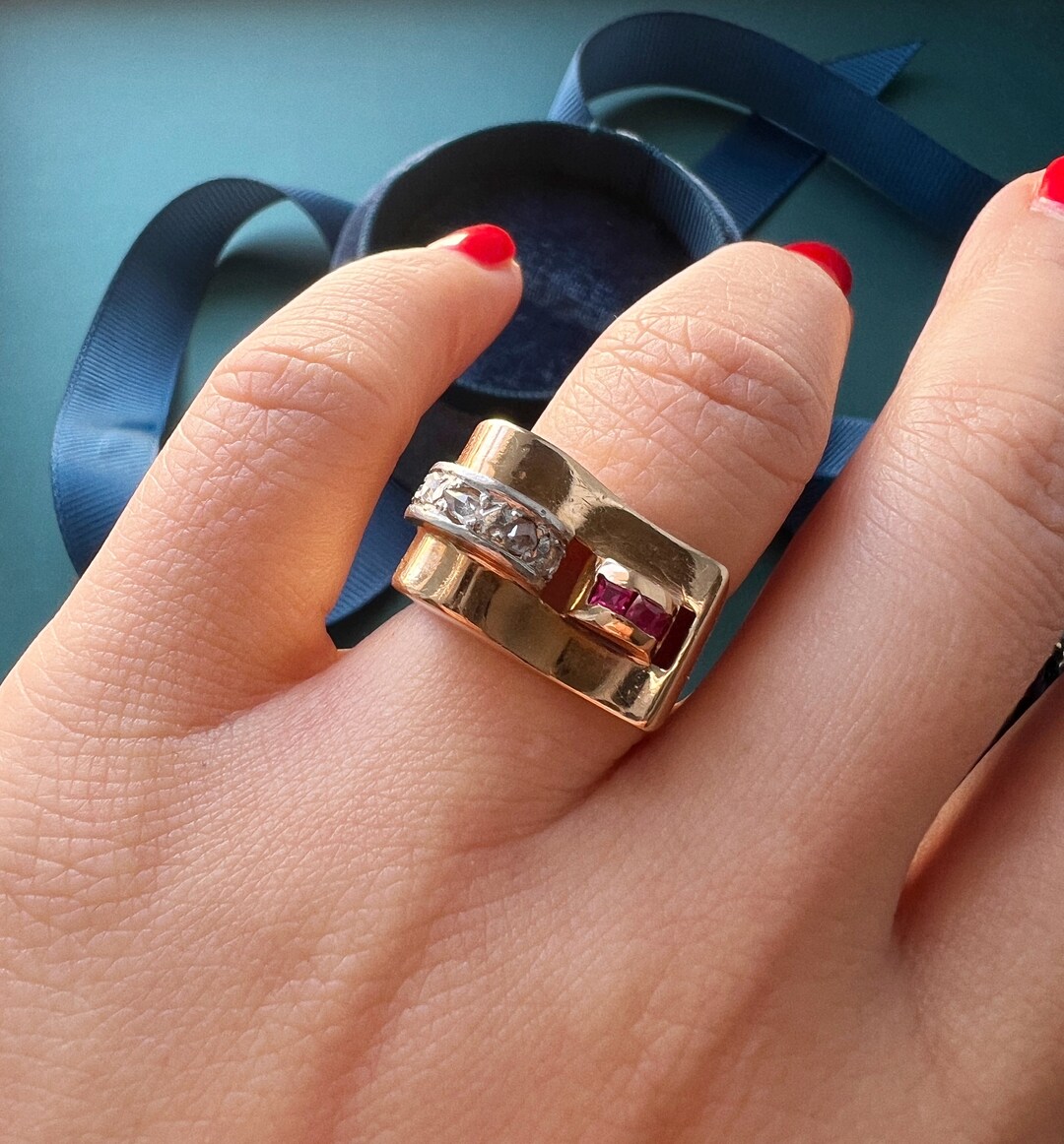 Vintage 18k Gold Diamond Ruby Tank Ring, Retro Ring Cocktail Ring ...