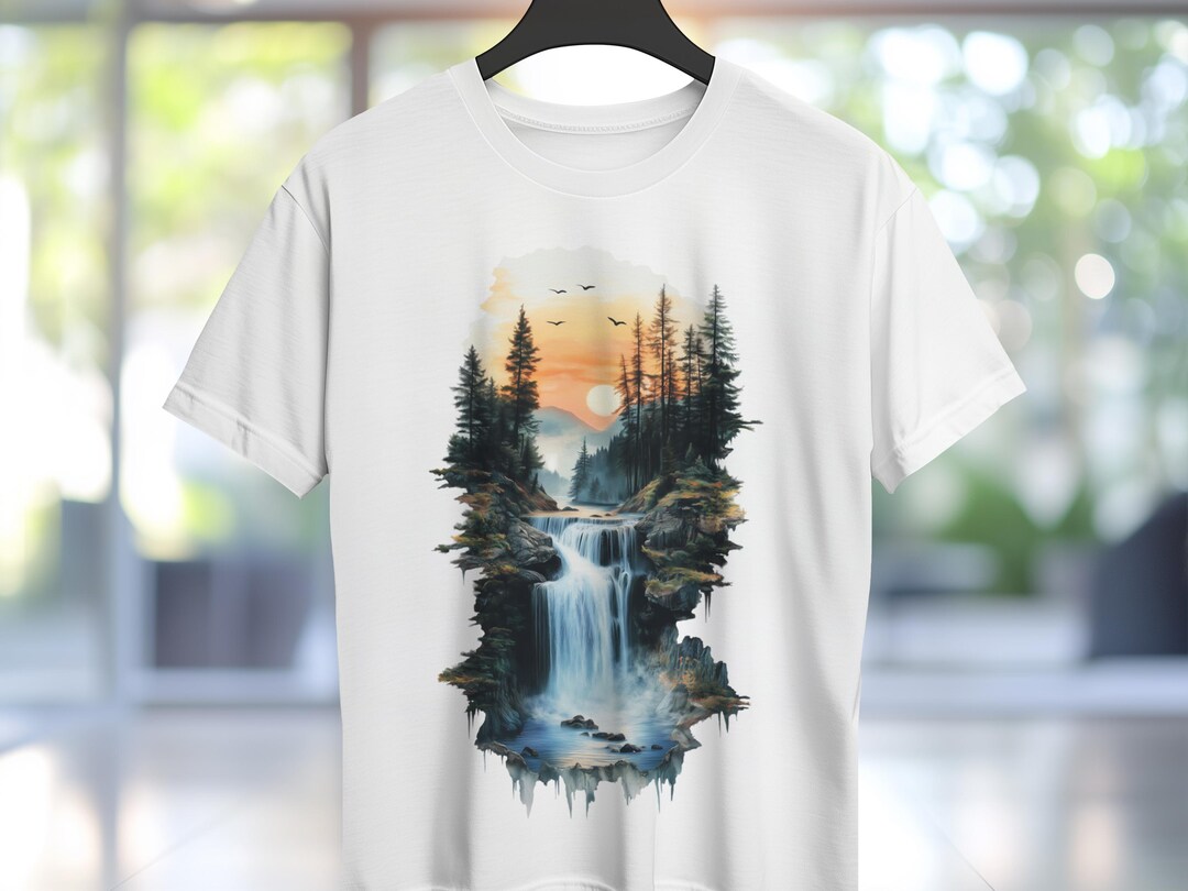 Sunset Waterfall T-shirt, Wilderness Adventure Tee, Hiking Shirt ...