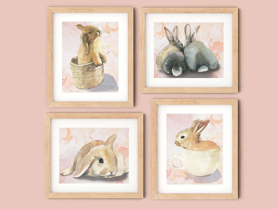 Spring Bunnies Nursery Prints, Set of 4 Prints, Watercolor Rabbit ...