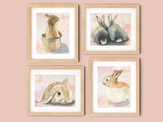 Spring Bunnies Nursery Prints Set of 4 prints Watercolor | Etsy