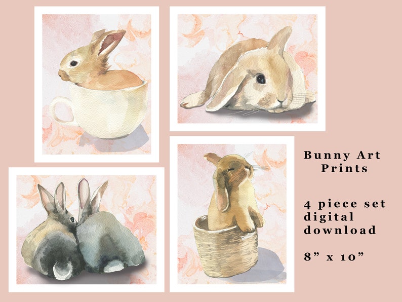 Spring Bunnies Nursery Prints, Set of 4 Prints, Watercolor Rabbit ...