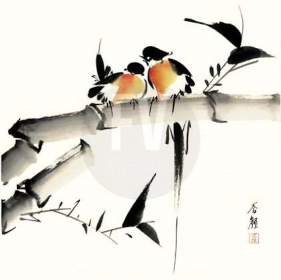Love Birds Bamboo Chinese Ink Painting Living Room Decor | Etsy