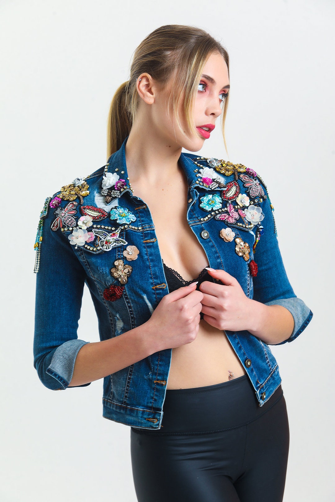 Handmade Embellished Denim Jacket Women | Floral Beaded Denim Jacket ...