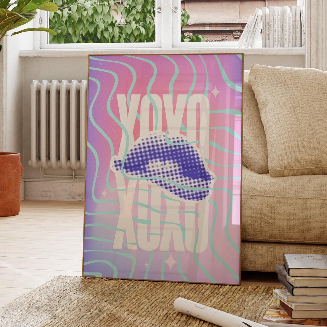 90s Rave Inspired XOXO Poster | Purple Lips Wall Art Print | Sunset ...