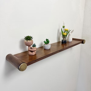 Wall Mounted Wood Shelf in Minimalist Design With Cylindrical Brass ...