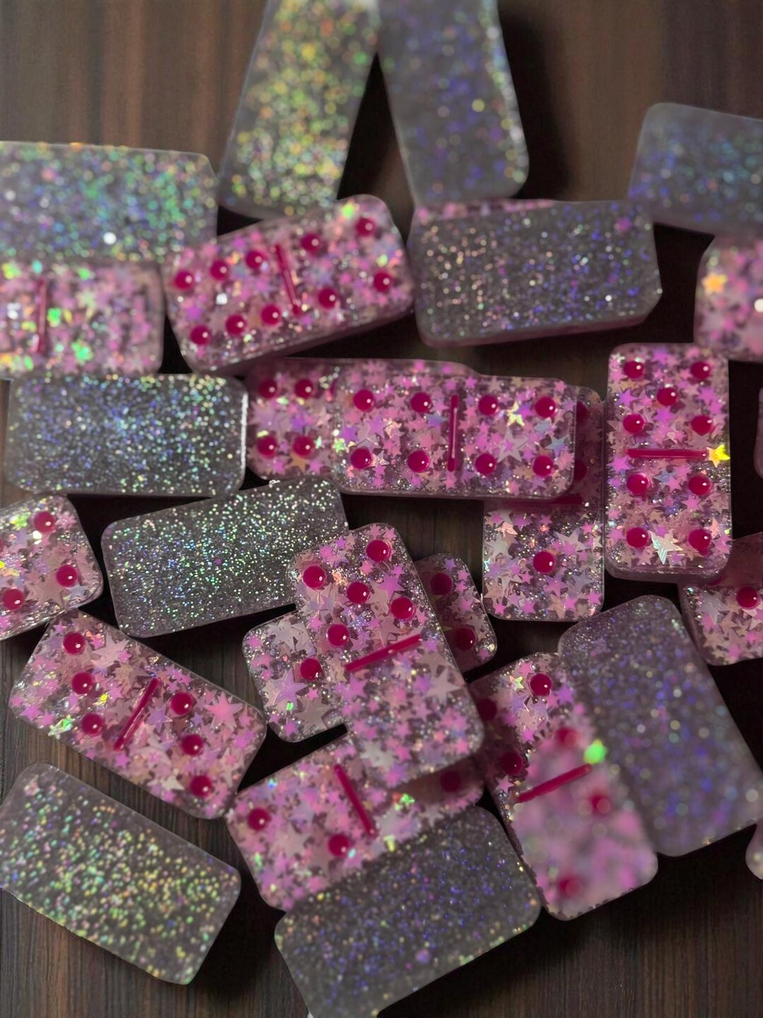 Handmade Pink & Silver Star Domino Set With Storage Case | Unique ...