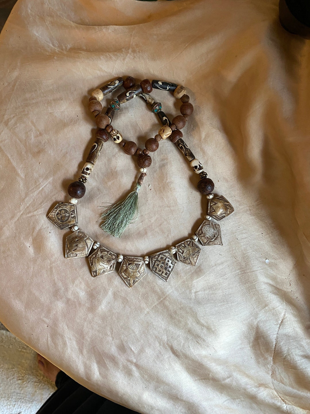 SACRED BEAD NECKLACE * Tibetan Auspicious Symbols Beads * Beads of Bone ...