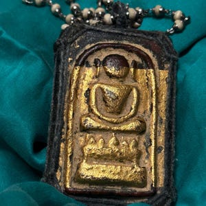 Thai Buddha Protection Amulet: Gold Leaf Resin Pendant With Tulsi Mala ...