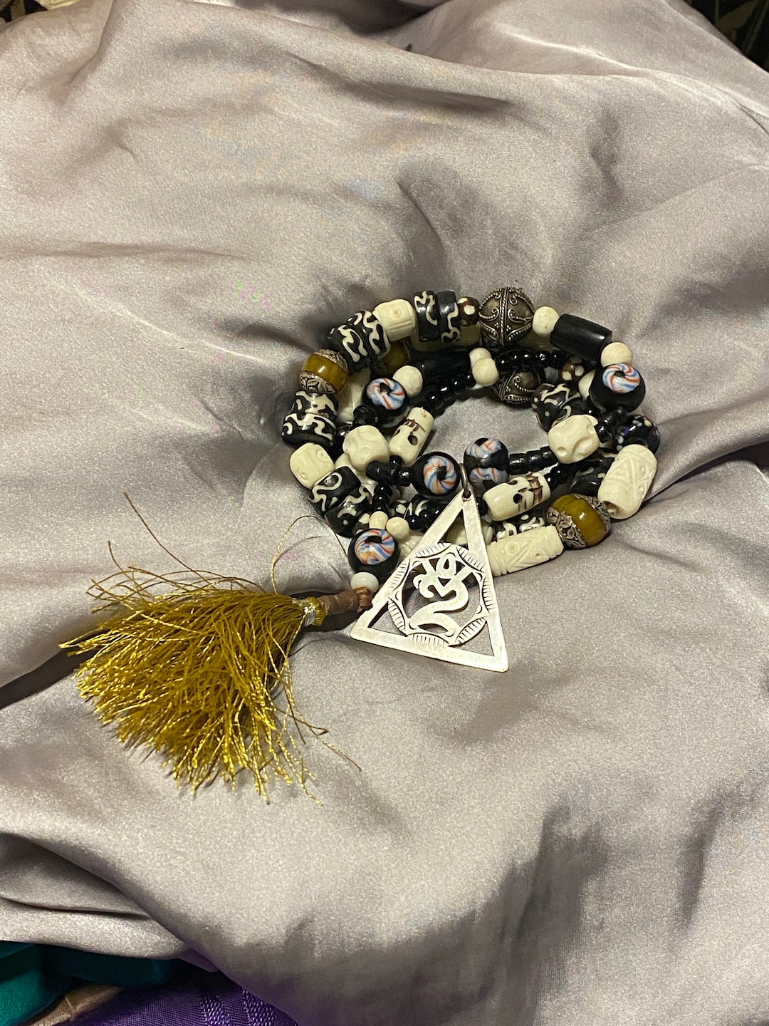 Balinese Om Amulet Necklace: Sterling Silver, Tibetan Mala Beads ...