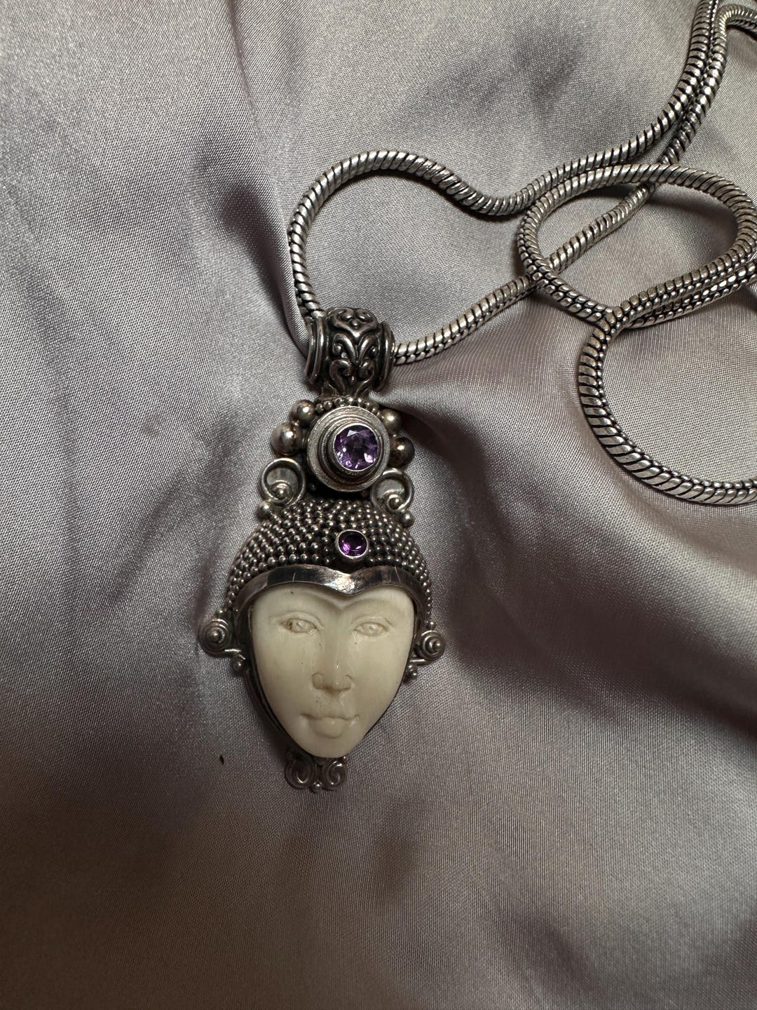 WARRIOR GODDESS AMULET: Bone ~sterling Silver ~ Amethyst * Vintage ...