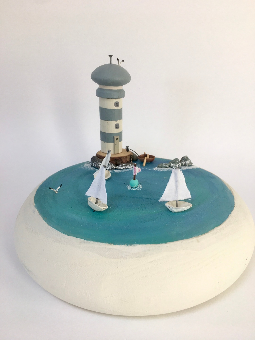 Handmade Driftwood Lighthouse Sculpture: Coastal Yacht Scene - Etsy