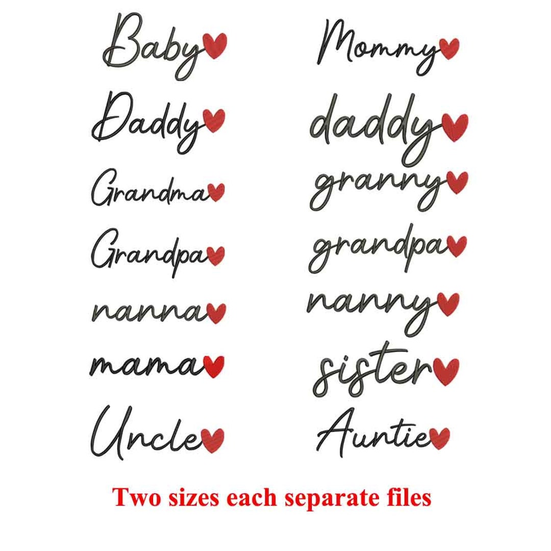 Daddy Granny Grandpa Grandma Mummy Sister Love Text for Machine ...