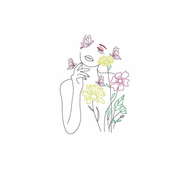 Floral Woman Line Art Machine Embroidery Design / Lady With - Etsy