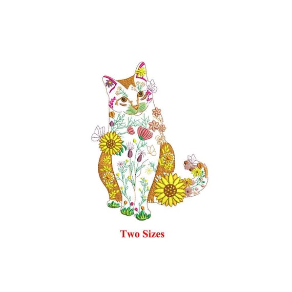 Floral Cat Machine Embroidery Design / Floral Flower / Cat / - Etsy