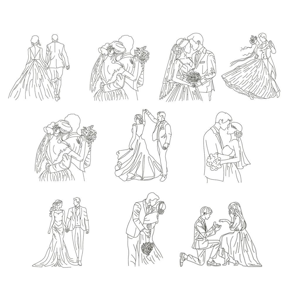 Wedding Couple Line Art Embroidery Designs | Set of 10 (digital ...