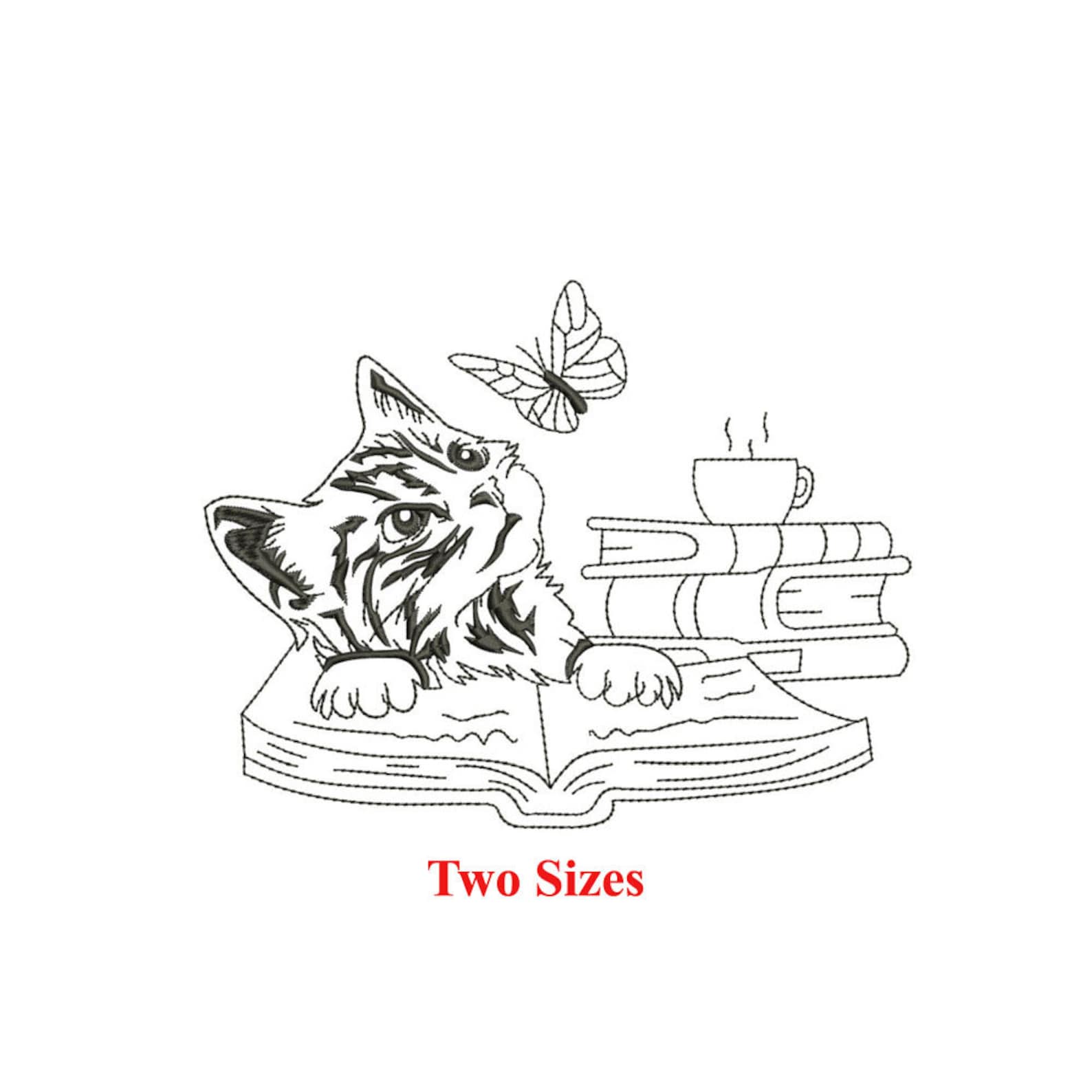 Cat With Coffee Books Machine Embroidery Design / Cat Books Butterfly ...