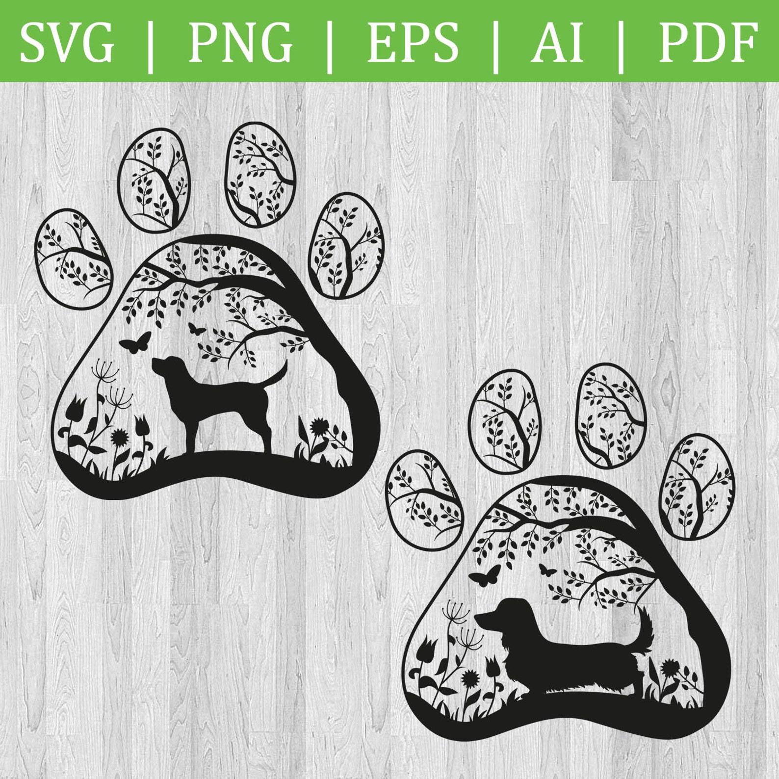 Dachshund Paw & Labrador Paw With Wild Flowers SVG Circuit - Etsy