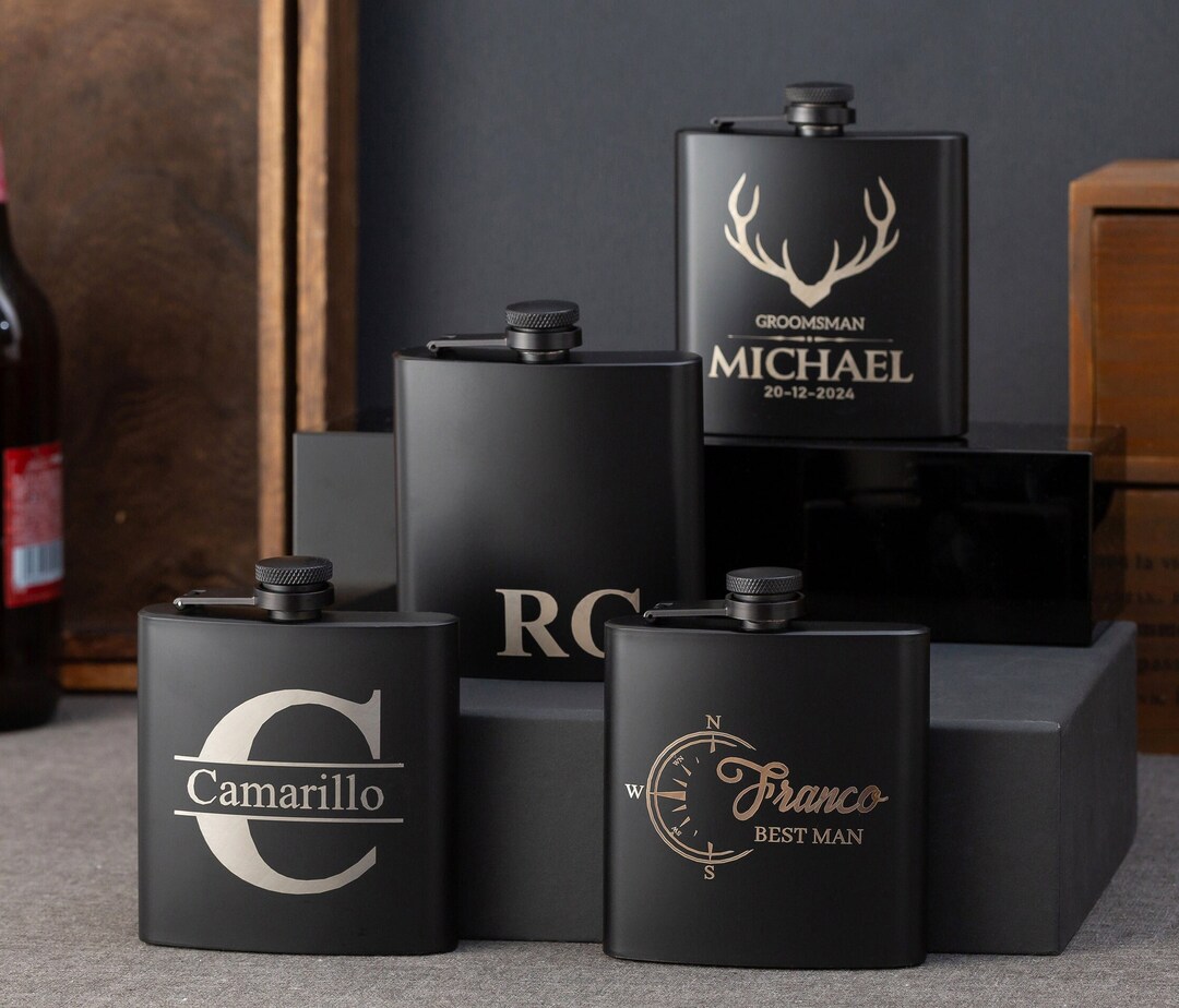 Custom 6oz Black Flask,engraved Flask,gift for Him,engraved Mens Gift,groomsmen Gifts,gift for ...