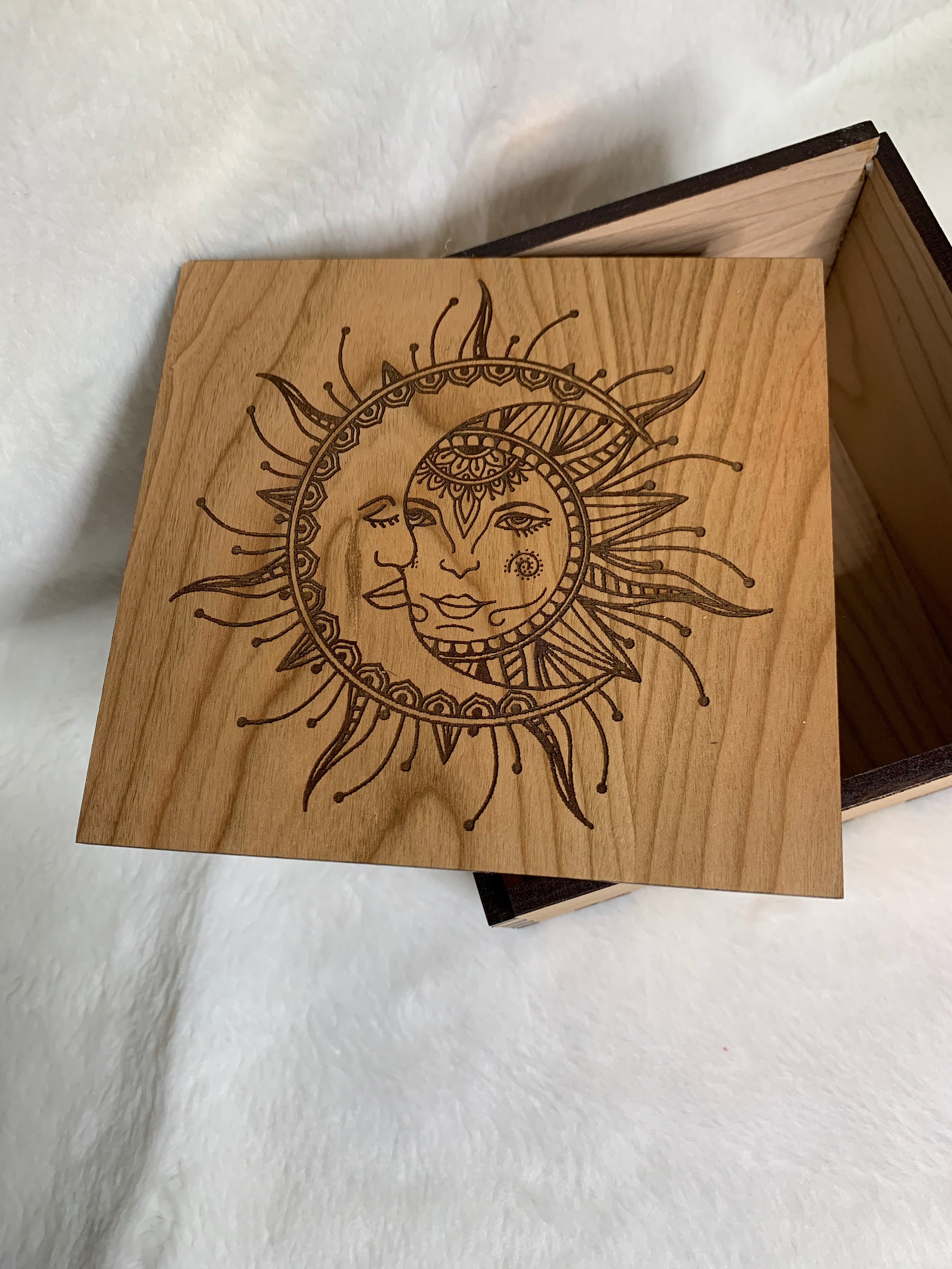 Intention Box in Cherry Wood Engraved With Sun and Moon - Etsy
