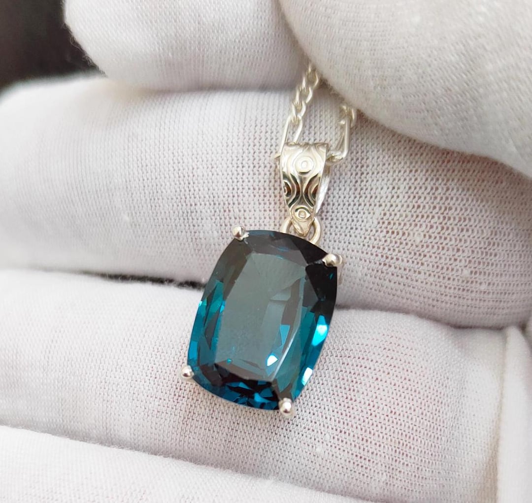 Ocean Teal Sapphire Pendant, 925 Sterling Silver Necklace, Cushion Cut ...
