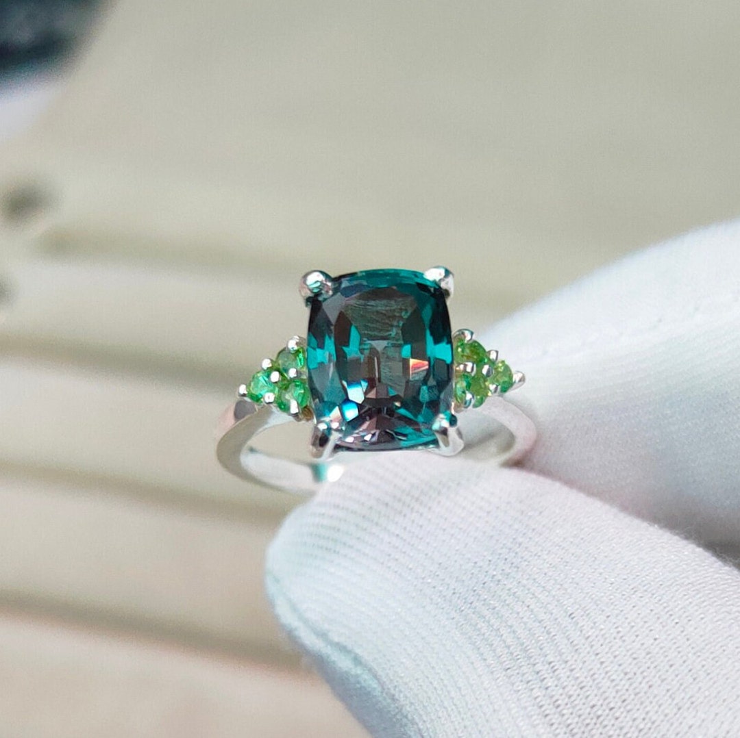 Teal Sapphire Ring, Natural Tsavorite Ring, Cushion Cut Teal Sapphire ...