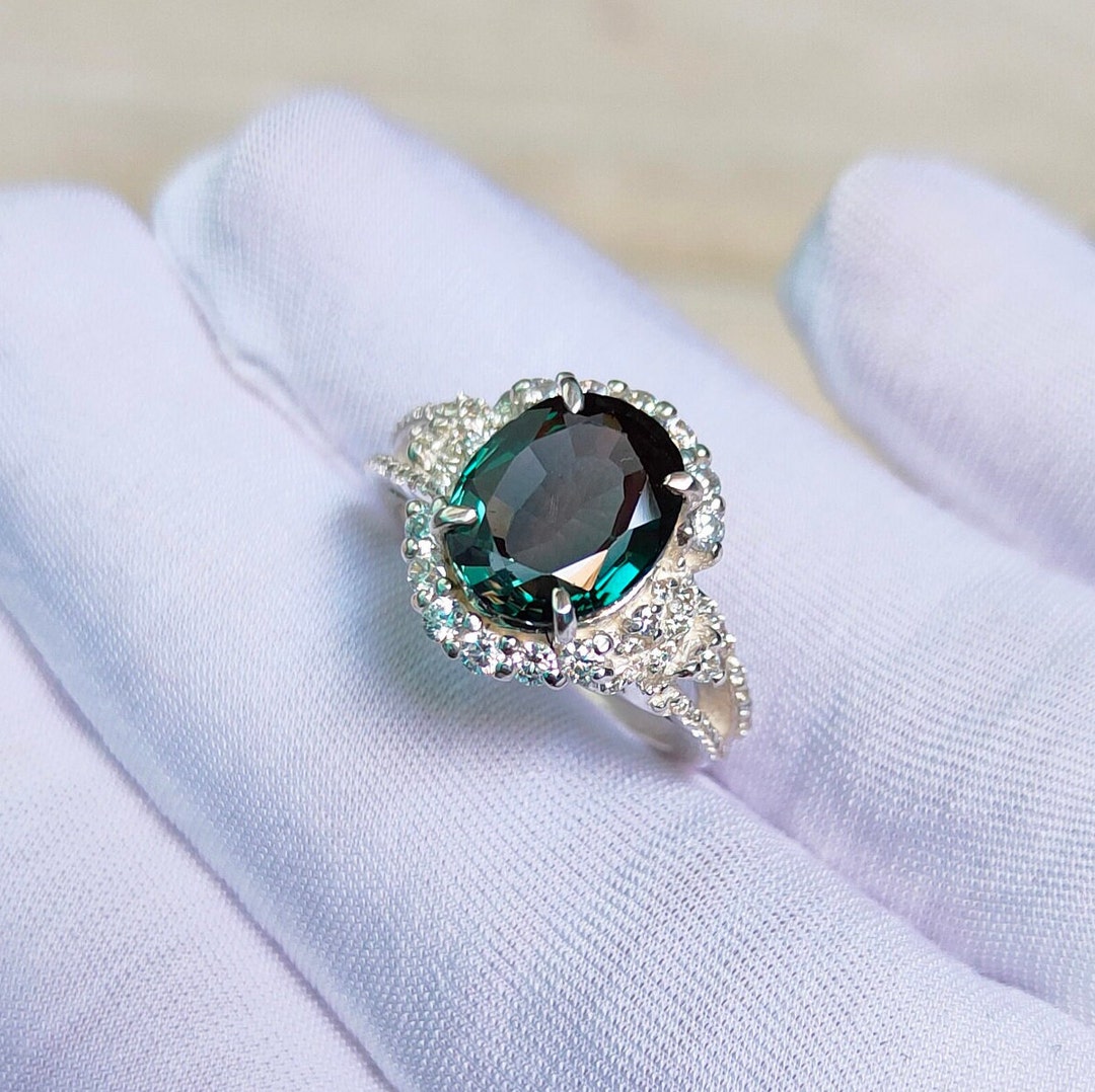 Teal Sapphire Ring, Oval Cut Teal Sapphire Ring, 925 Sterling Silver ...