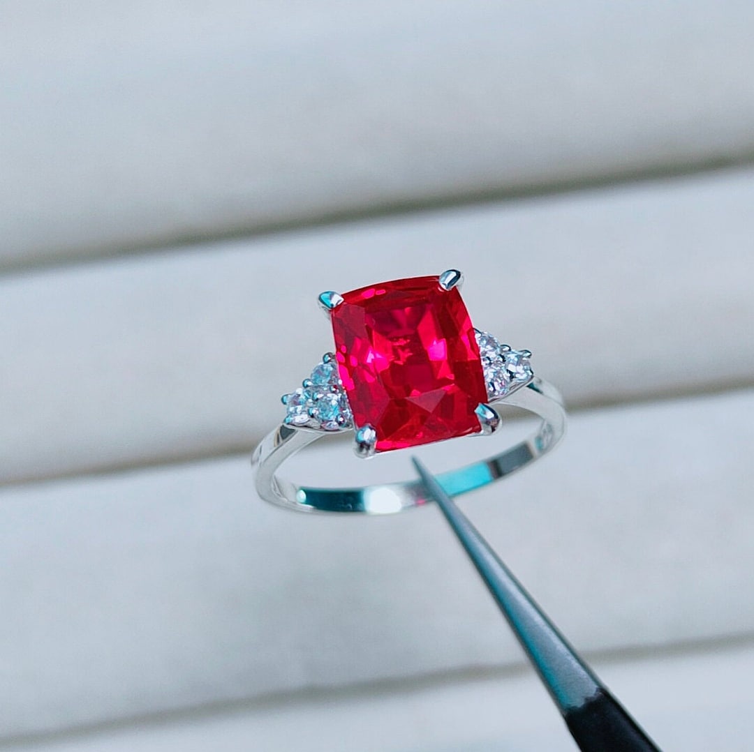 Lab Created Ruby Ring Cushion Cut Ruby Ring 925 Sterling Silver Ring ...