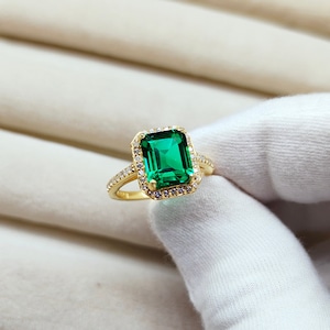 Lab Created Emerald Ring, Octagon Cut Lab Emerald Ring, 925 Sterling ...