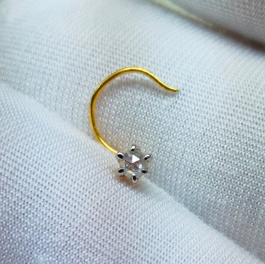 Natural White Diamond Nose Ring 18k Gold Nose Ring, Round Diamond Nose ...