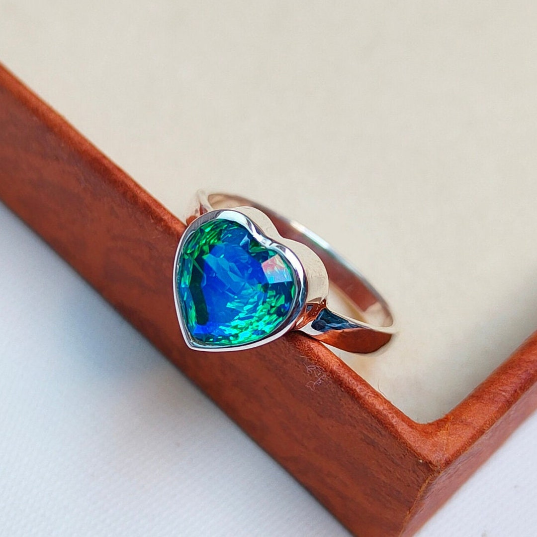 Peacock Quartz Ring, Heart Shape Peacock Quartz Ring, 925 Sterling ...