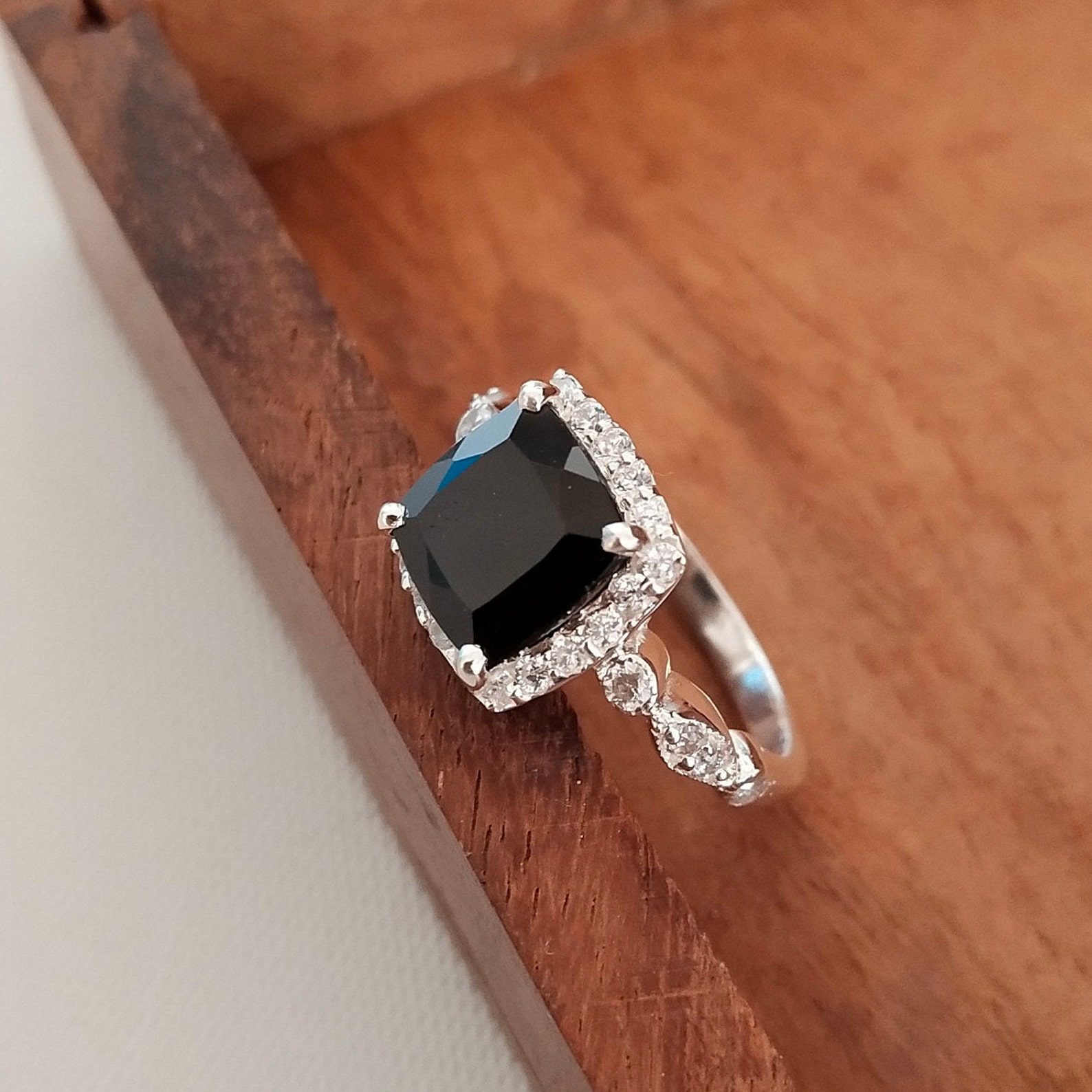 Black Spinel Ring Cushion Cut Wedding Engagement Ring Sterling - Etsy