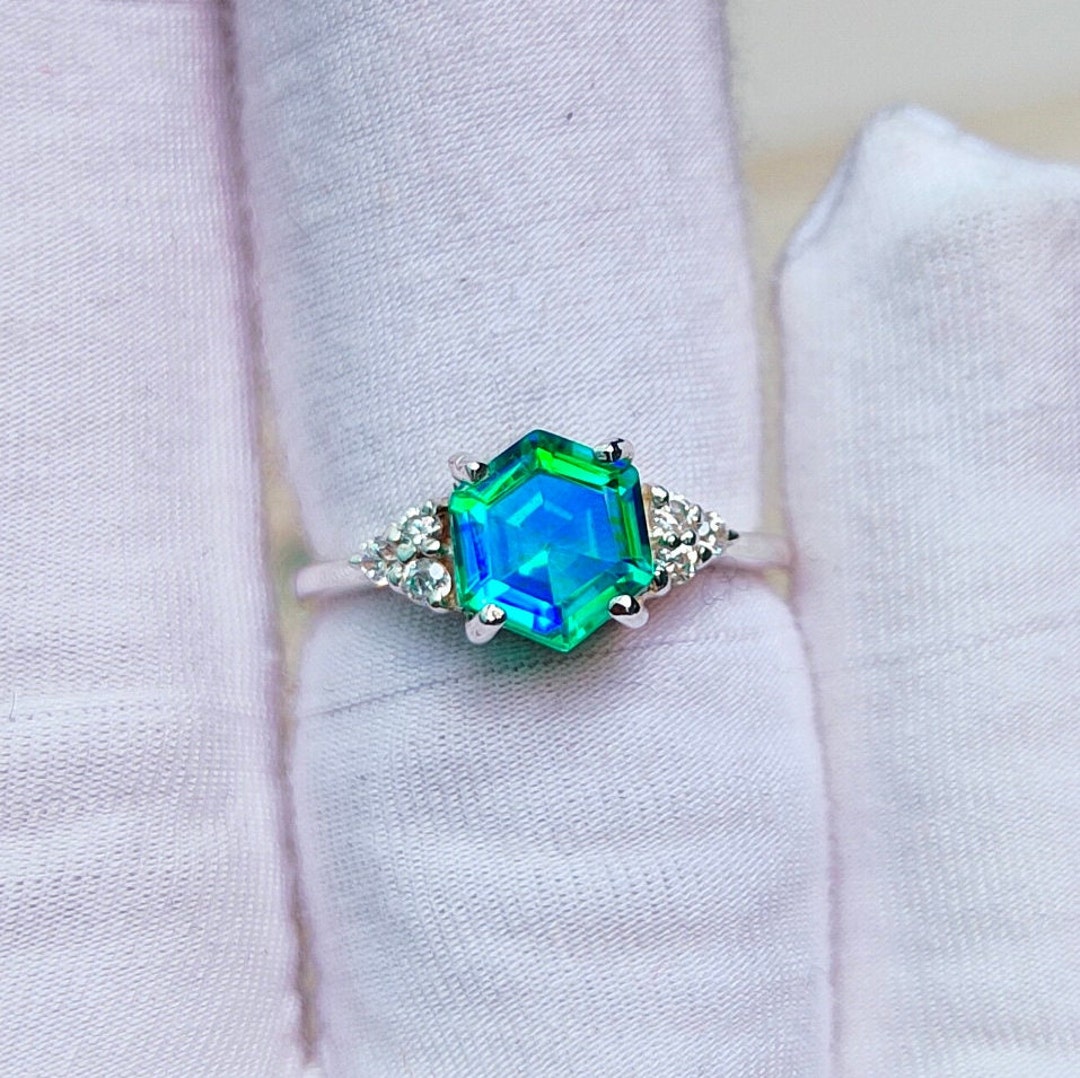 Peacock Quartz Ring, Hexogen Cut Peacock Quartz Ring, 925 Sterling ...