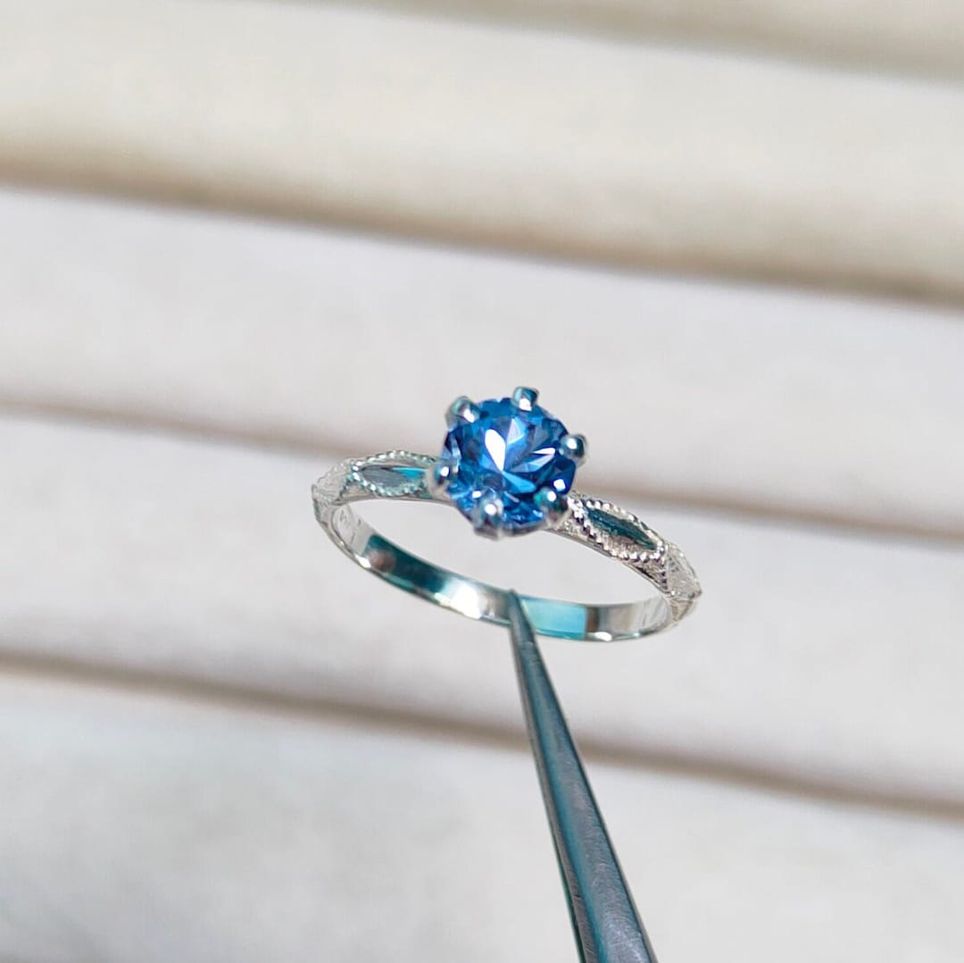 Blue Diamond Ring, Round Blue Diamond Ring, 925 Sterling Silver Ring ...