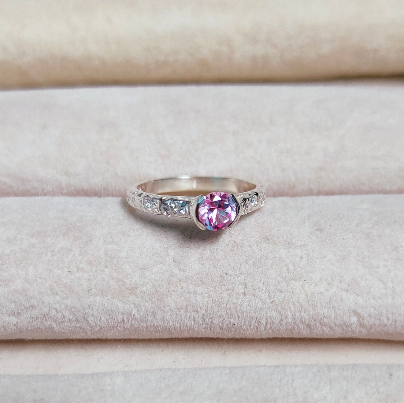 Pink Diamond Ring, Round Pink Diamond Ring, 925 Sterling Silver Ring ...