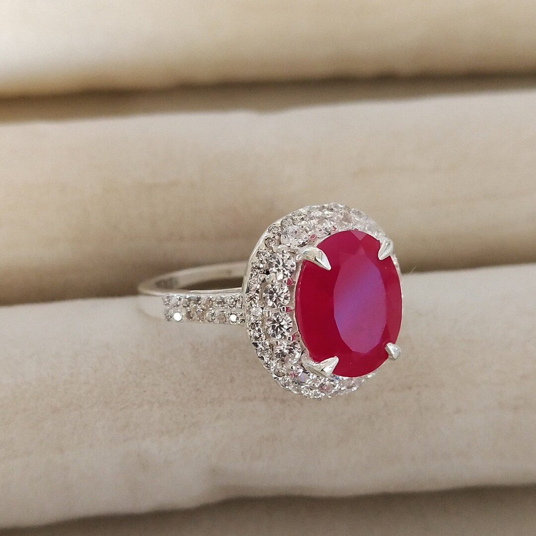 Lab Created Ruby Halo Ring, Oval Cut Created Ruby Ring, 925 Sterling ...