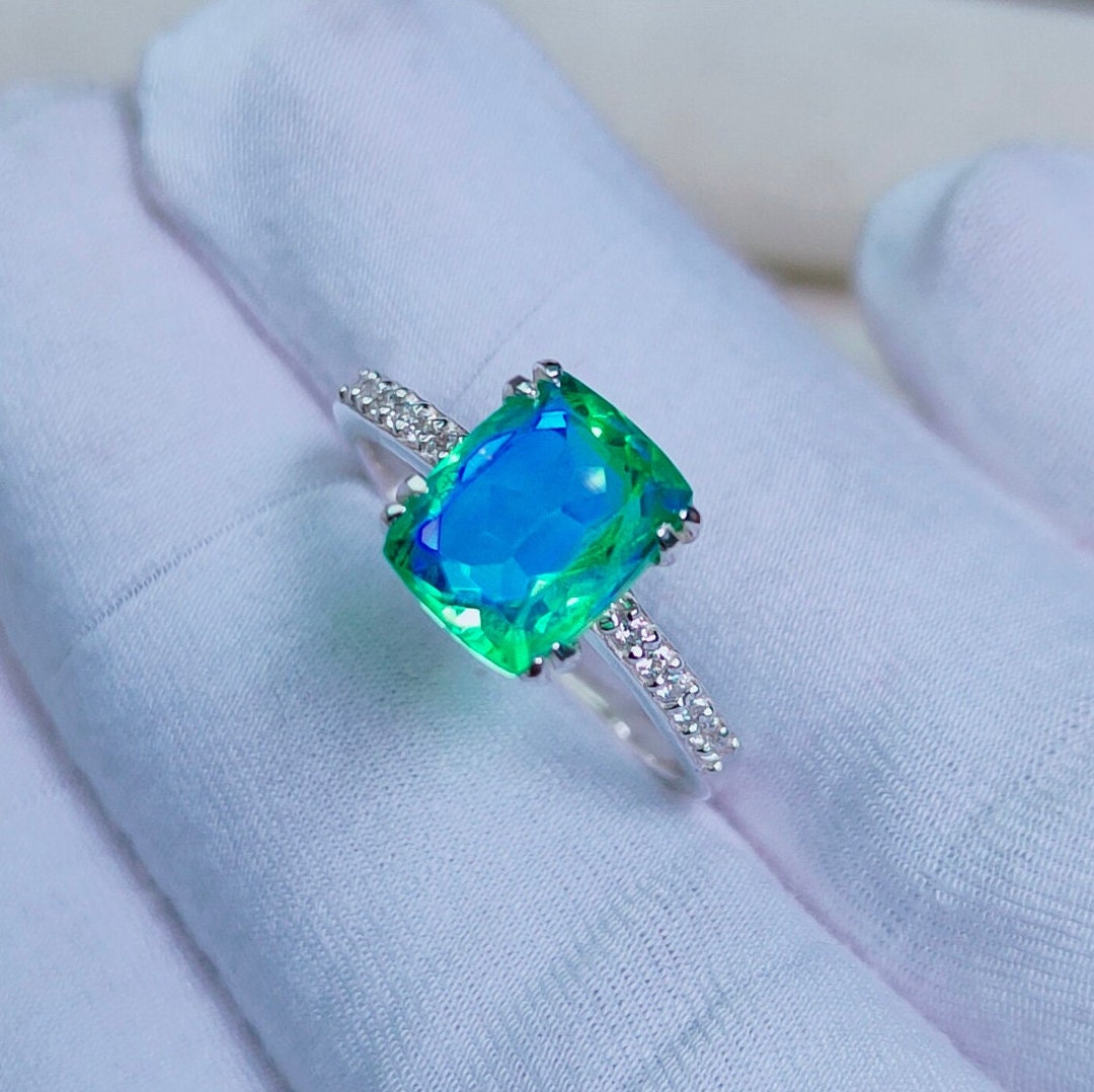 Peacock Quartz Ring, Cushion Cut Peacock Quartz Ring, 925 Sterling ...