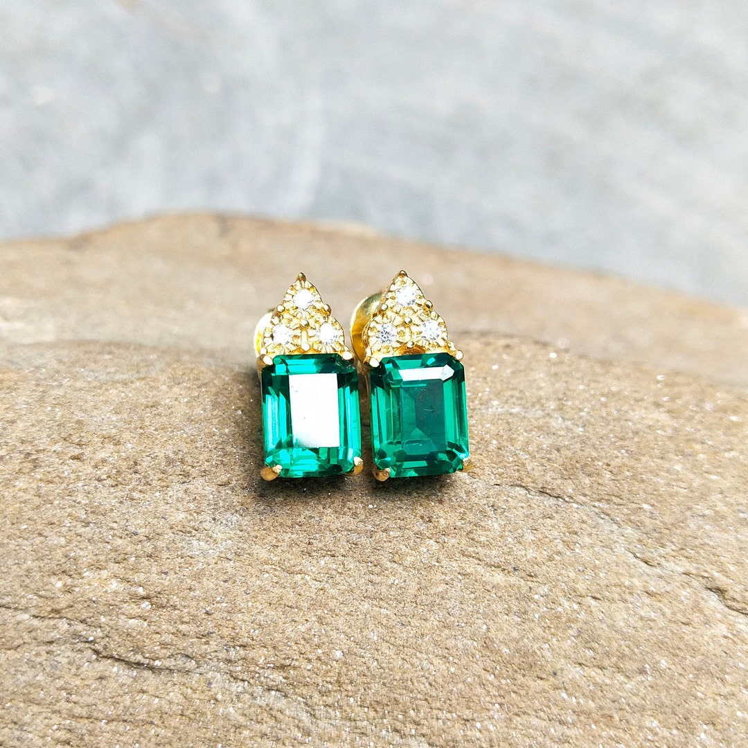 Lab Created Emerald Stud Earrings, 925 Sterling Silver Stud Earrings ...