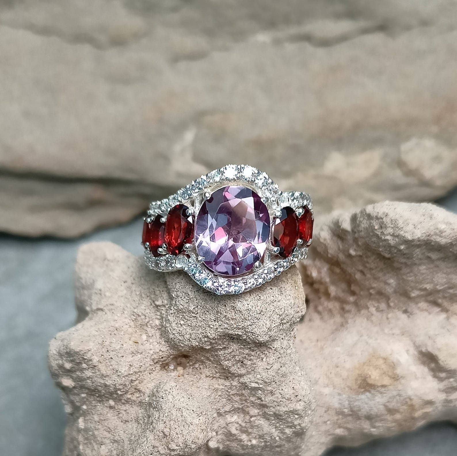 Lab Created Alexandrite Ring Natural Red Garnet Ring 925 - Etsy