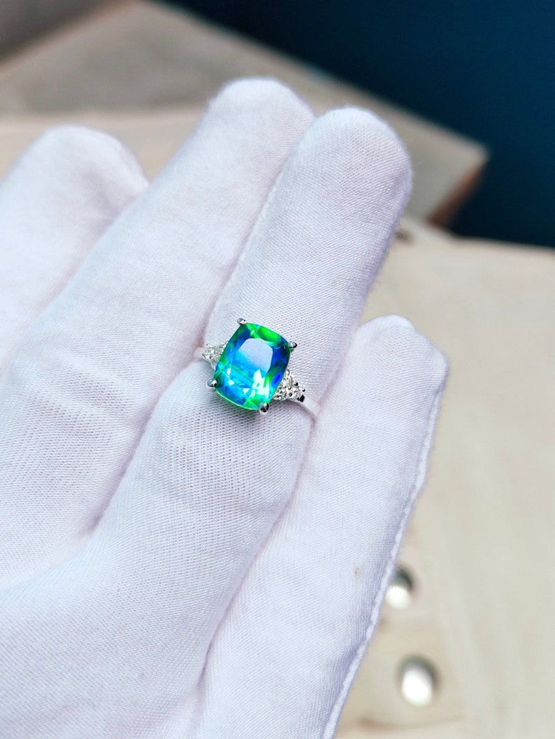 Peacock Quartz Ring Cushion Cut Peacock Quartz Ring 925 - Etsy