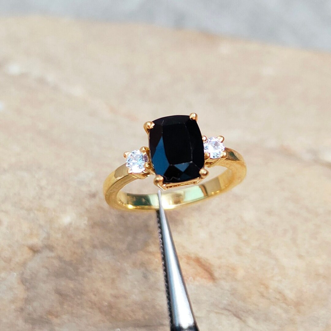 Black Spinel Ring, Cushion Cut Black Spinel Ring, 925 Sterling Silver ...