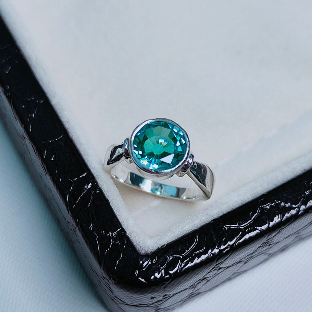 Ocean Teal Sapphire Ring, Round Cut Teal Sapphire Ring, 925 Sterling ...
