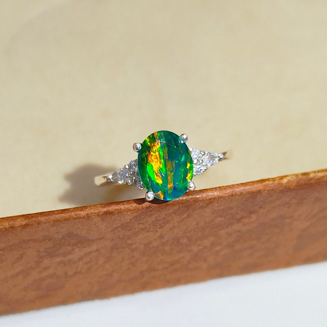 Green Rainbow Opal Ring, 925 Sterling Silver Ring, Oval Cut Green ...