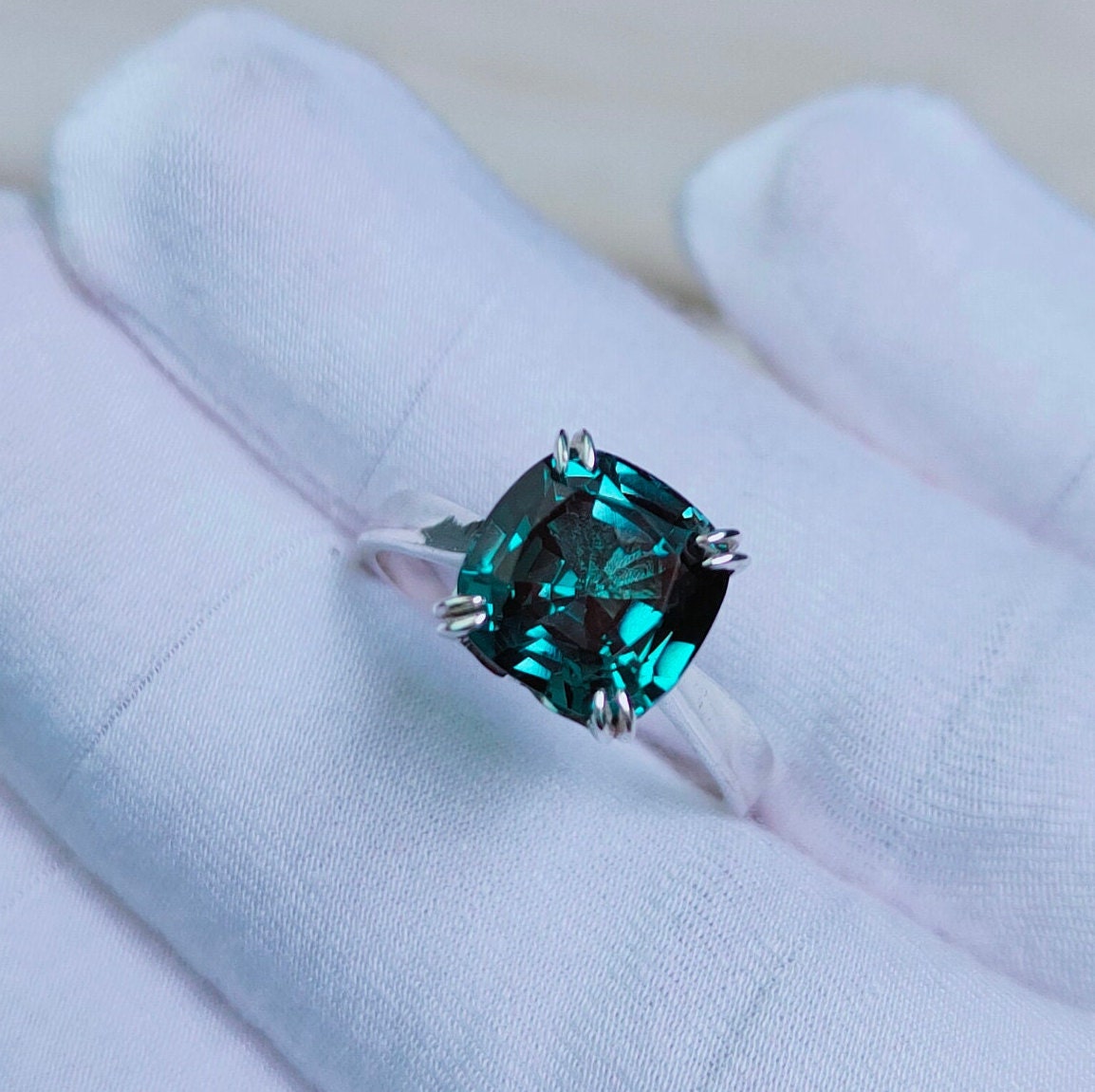 Teal Sapphire Ring,cushion Cut Teal Sapphire Ring,925 Sterling Silver ...