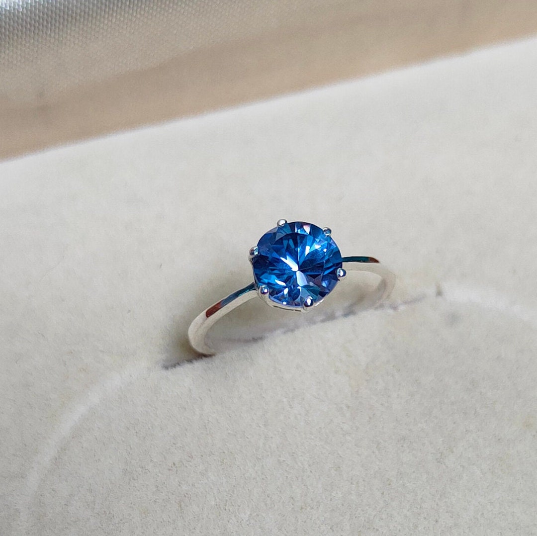 Blue Diamond Ring, Round Blue Diamond Ring, 925 Sterling Silver Ring ...